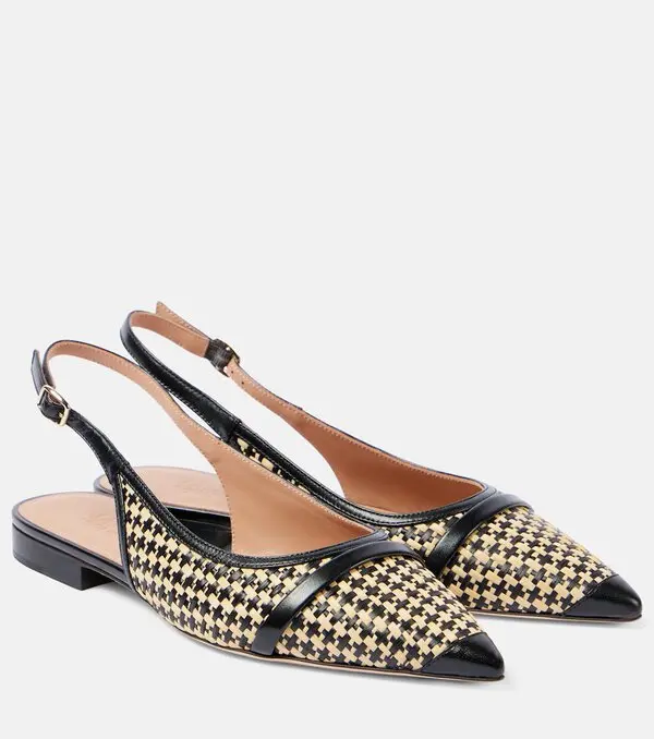 MALONE SOULIERS Leather-trimmed Raffia Ballet Flats - Black