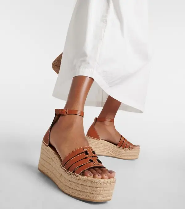 Tory Burch Ines Leather Espadrille Wedges - Brown