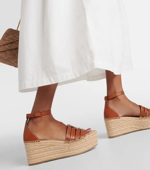 Tory Burch Ines Leather Espadrille Wedges - Brown