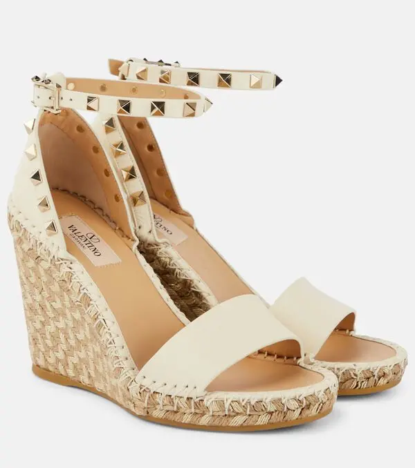 Valentino Garavani Rockstud 105 Leather Espadrille Wedges - White