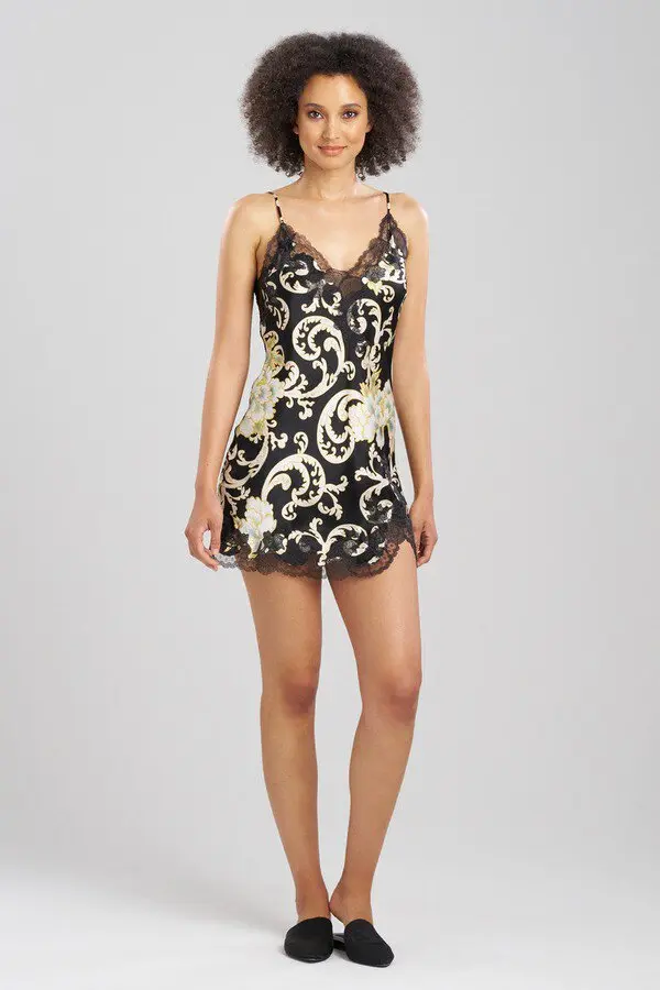 Natori Camille Floral Scroll Lace Trim Silk Chemise - Black