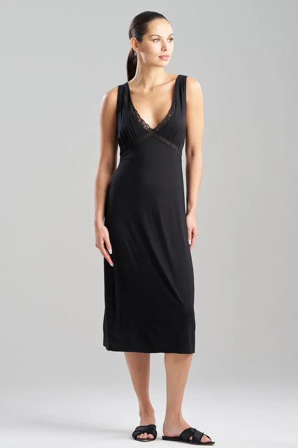 Natori Feathers Essentials Lenzing Ecovero Viscose Lace Applique Slip Dress - Black