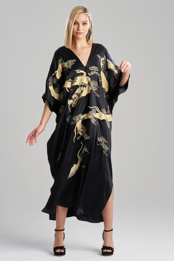 Natori Couture Lucky Dragon Embroidered Cocoon Silk Caftan - Black
