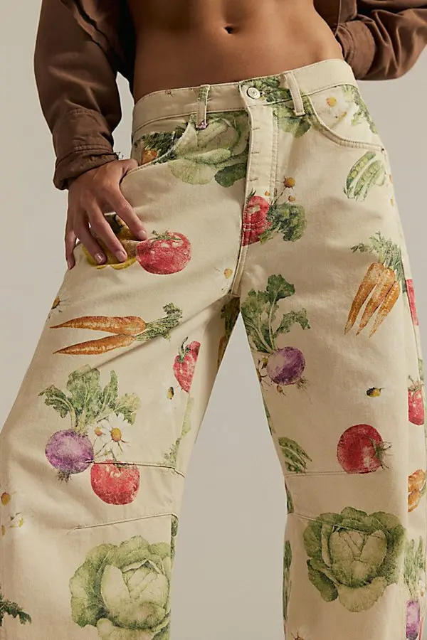 Free People We The Free Good Luck Printed Barrel Jeans - Garden Combo - Veggies