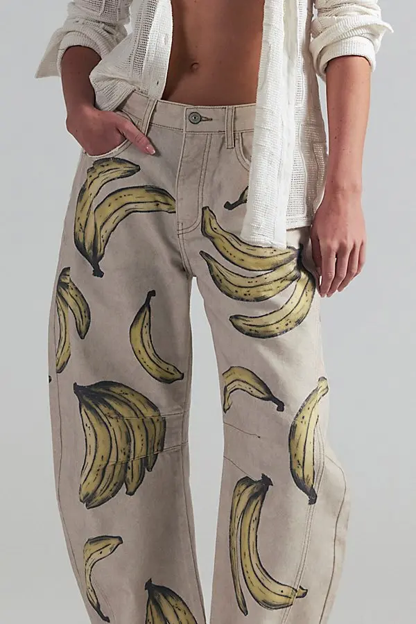 Free People We The Free Good Luck Printed Barrel Jeans - Go Bananas