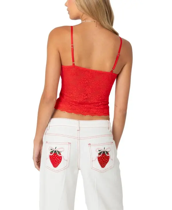 EDIKTED Sheer Lace Cami Tank Top - Red