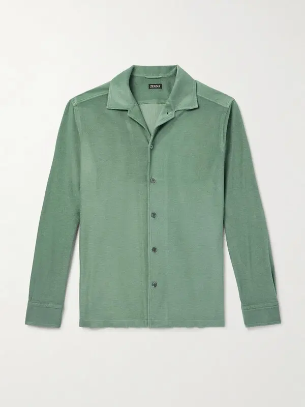 Zegna Camp-collar Cotton And Silk-blend Terry Shirt - Green
