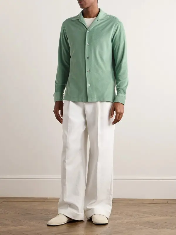 Zegna Camp-collar Cotton And Silk-blend Terry Shirt - Green