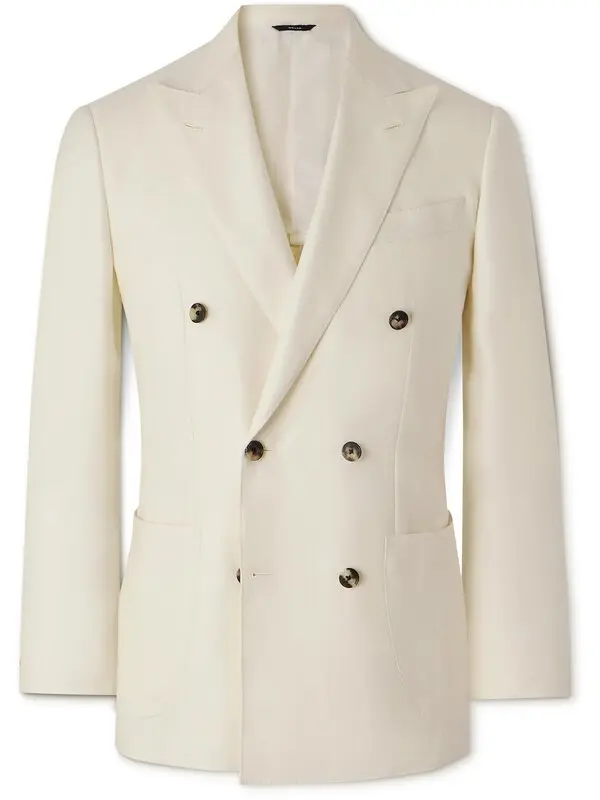 Thom Sweeney Slim-fit Double-breasted Herringbone Cashmere And Silk-blend Blazer - Neutrals