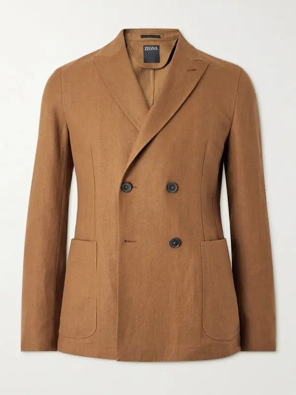 Zegna Double-breasted Linen And Wool-blend Suit Jacket - Brown