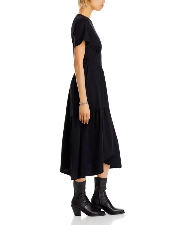 Frame Gathered Seam Short Sleeve Dress | Black | Cotton | Size Medium