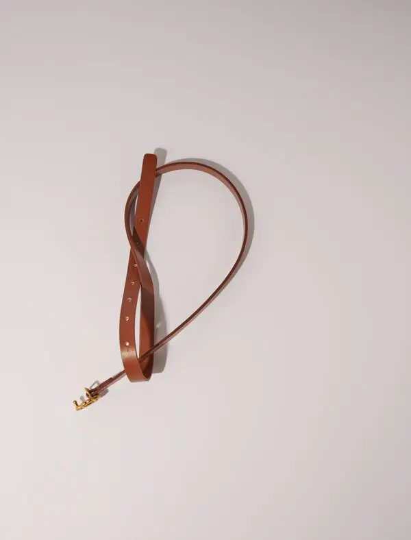 Maje Slim Clover Buckle Leather Belt - Camel