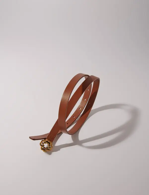Maje Slim Clover Buckle Leather Belt - Camel