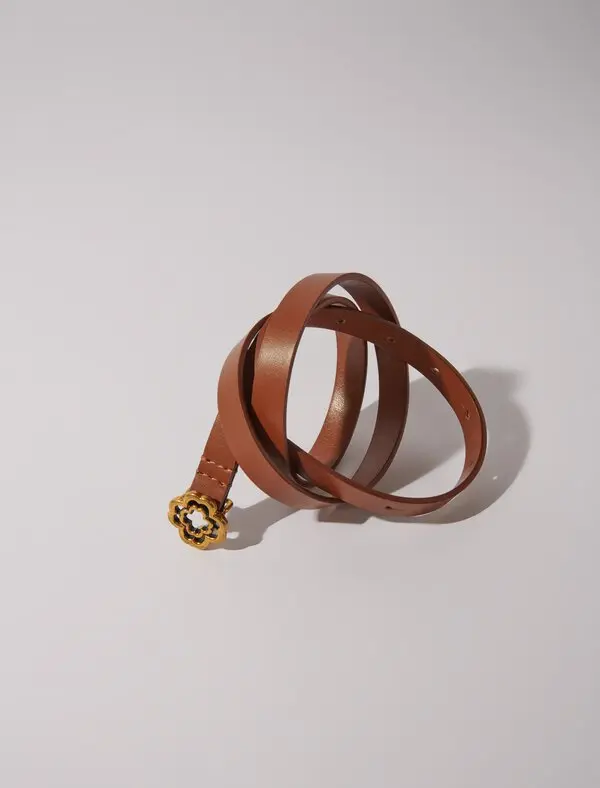 Maje Slim Clover Buckle Leather Belt - Camel