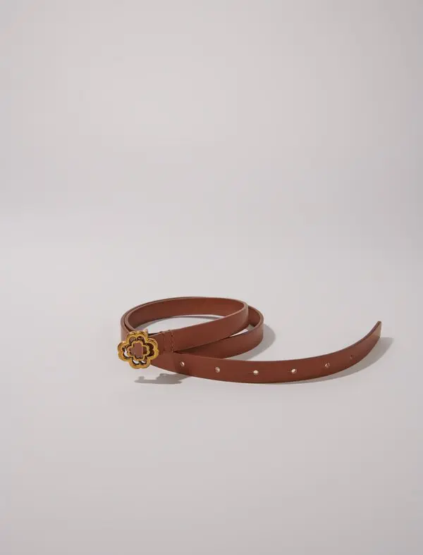 Maje Slim Clover Buckle Leather Belt - Camel