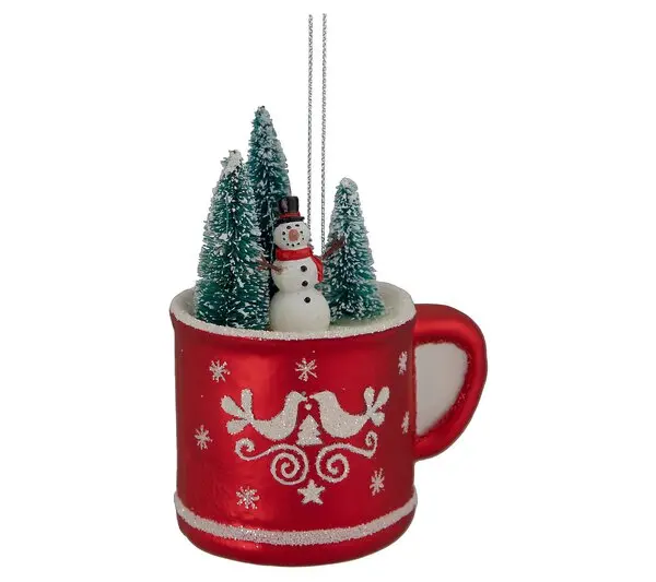 NORTHLIGHT 4.25' Trees And Snowman In A Cup Gla S Ornament - One-color