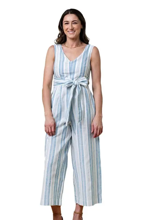 HOPE & HENRY Tie-waist Wide Leg Jumpsuit - Blue Stripe