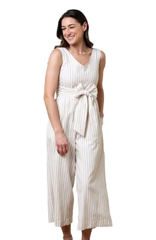 HOPE & HENRY Tie-waist Wide Leg Jumpsuit - Light Taupe Stripe