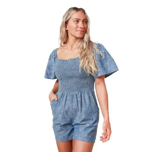 HOPE & HENRY Organic Smocked Romper - Chambray
