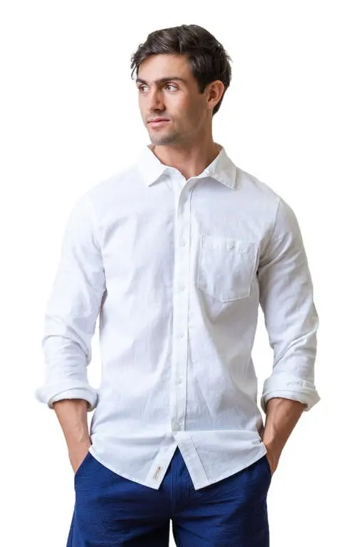 HOPE & HENRY Mens' Linen Long Sleeve Button Down Shirt - White