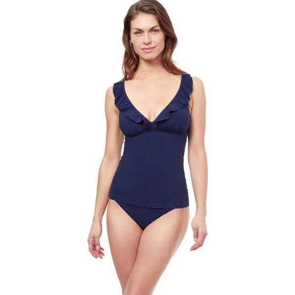 GOTTEX Tutti Frutti D-cup V-neck Ruffle Tankini - Navy