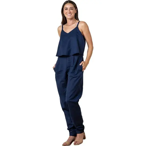 HOPE & HENRY Sleeveless Faux Top Jumpsuit - Navy Linen