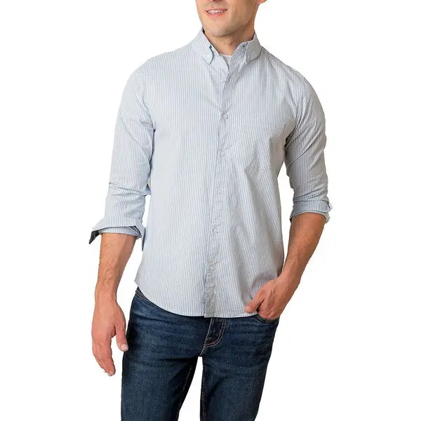 HOPE & HENRY Organic Long Sleeve Stretch Poplin Button Down Shirt - Blue Ticking Stripe