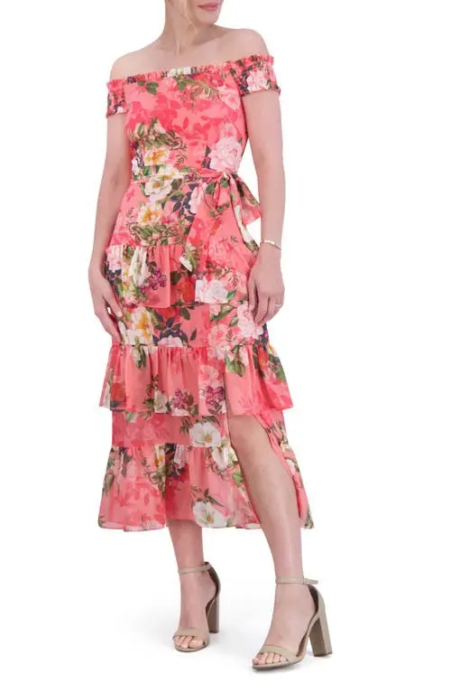 eliza j floral off the shoulder midi dress Eliza J Floral Appliqu Off the Shoulder Midi Cocktail Dress in Slate