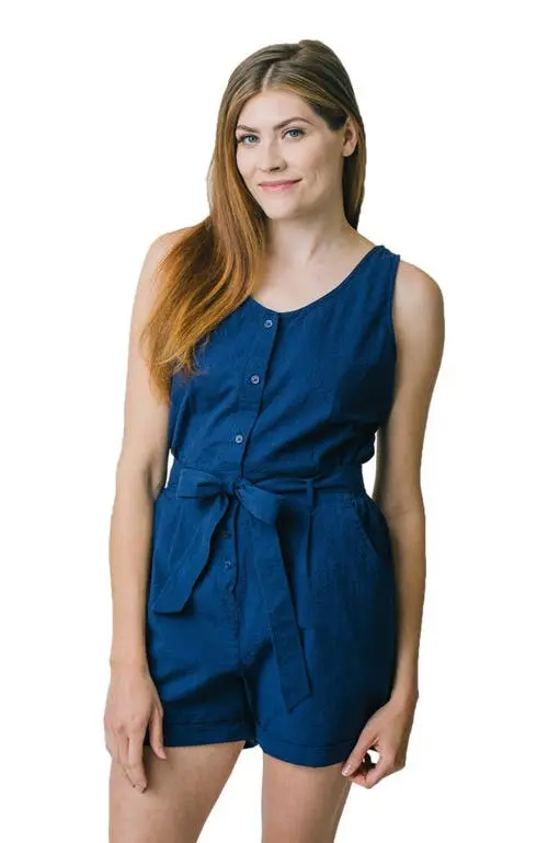 HOPE & HENRY Organic Seersucker Romper - Navy Seersucker
