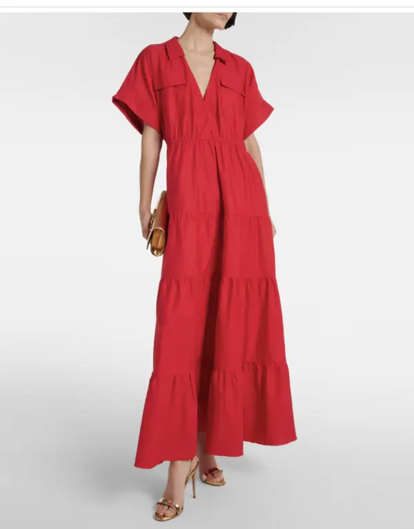 ADRIANA DEGREAS Tiered Cotton Maxi Dress - Red