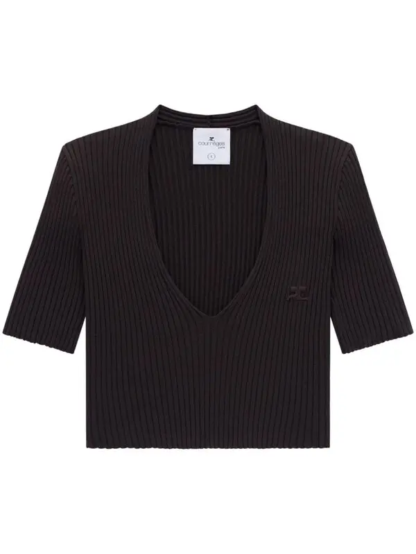 COURREGES Ribbed Knit V-neck Top - Brown