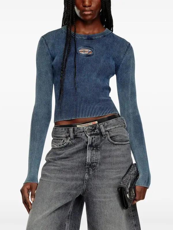 DIESEL® Rib-knitted Cotton Top With Oval D Logo Plaque And Chest Cut-out