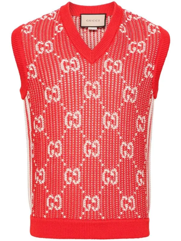 トップス Gucci knitted vest Gucci Gg Jacquard Knitted Vest - Red | Editorialist