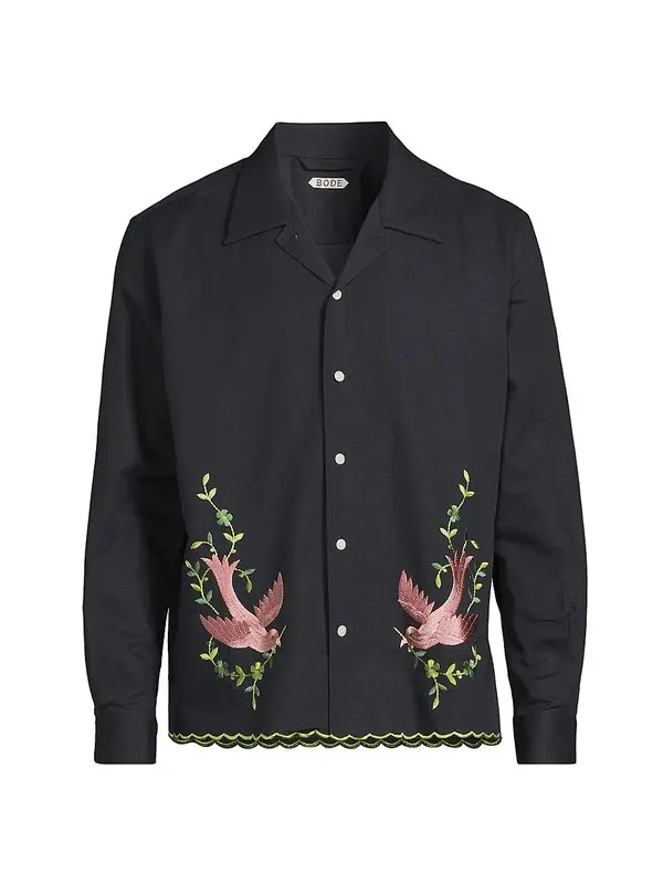 Bode The Crane Estate Rosefinch Long-Sleeve Linen Shirt In Black