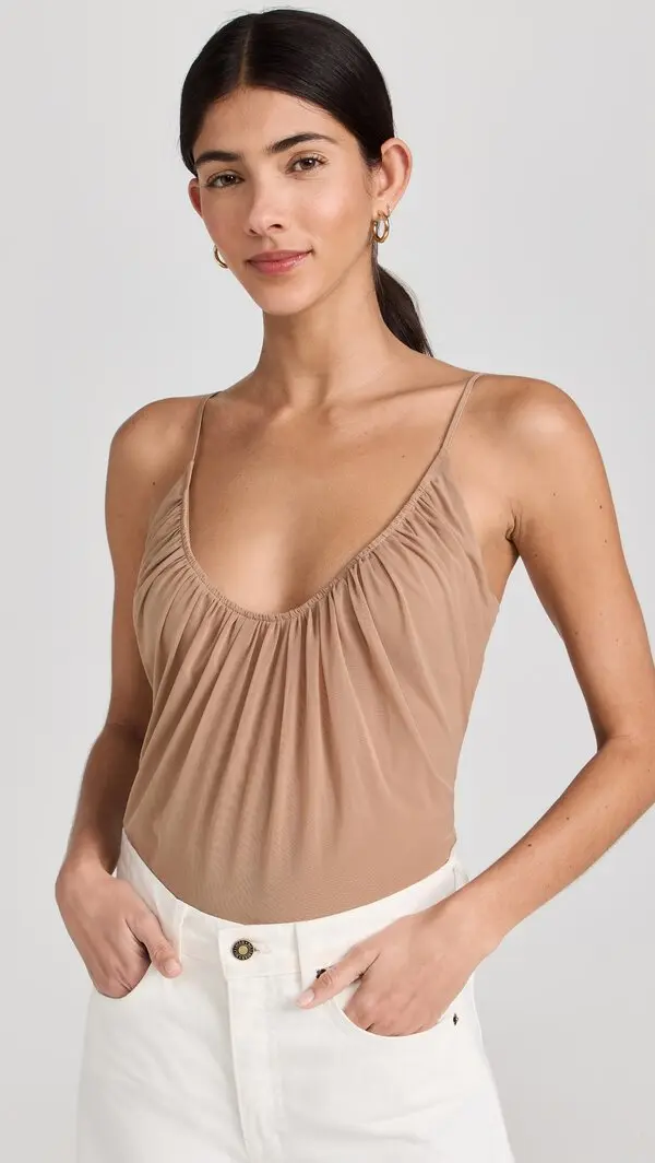 L'Agence Gelina Ruched Thong Bodysuit - Dark Cappuccino
