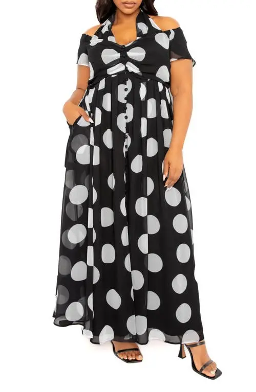 Buxom Couture Polka Dot Halter Maxi Dress - Black White | Editorialist
