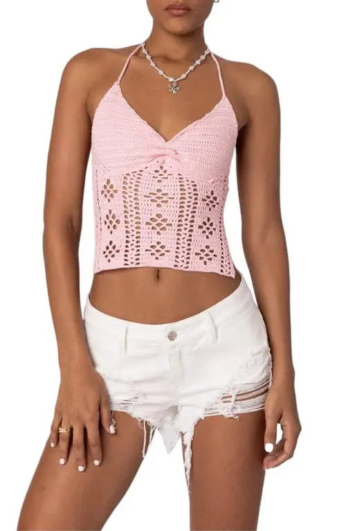 EDIKTED Jada Open Back Crochet Crop Top - Pink