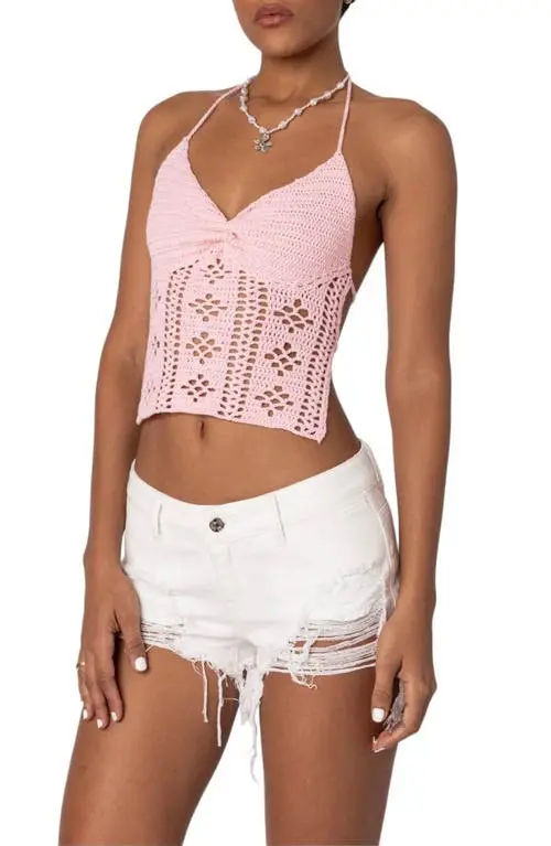 EDIKTED Jada Open Back Crochet Crop Top - Pink