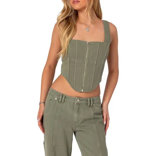 EDIKTED Lottie Denim Corset Top - Olive