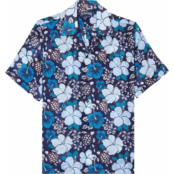 Vilebrequin Bowling Linen Tropical Turtles Shirt - Minuit