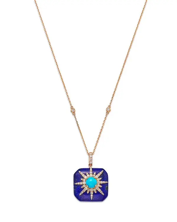 Bloomingdale'S Lapis, Turquoise, And Diamond Starburst Pendant Necklace - Blue/gold
