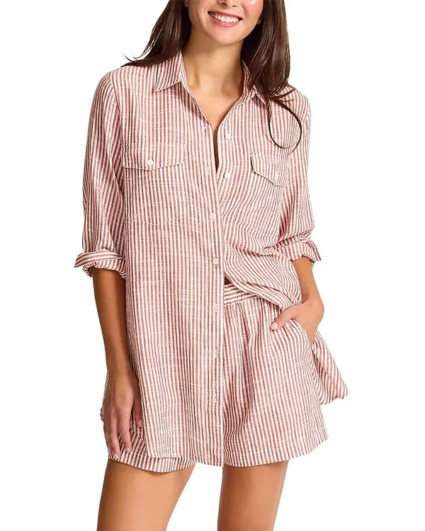 Tommy Bahama Shoreline Striped Boyfriend Shirt Swim Cover-up - Deep Sienna