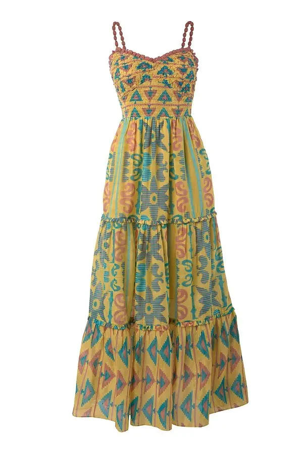 ASH & EDEN Savari Beaded Strap Smocked Tiered Midi Dress