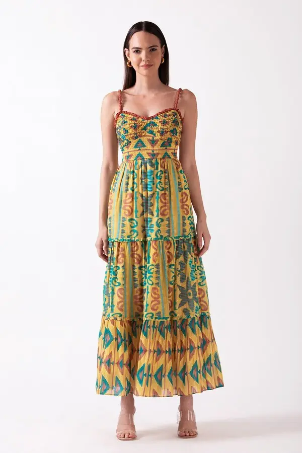 ASH & EDEN Savari Beaded Strap Smocked Tiered Midi Dress