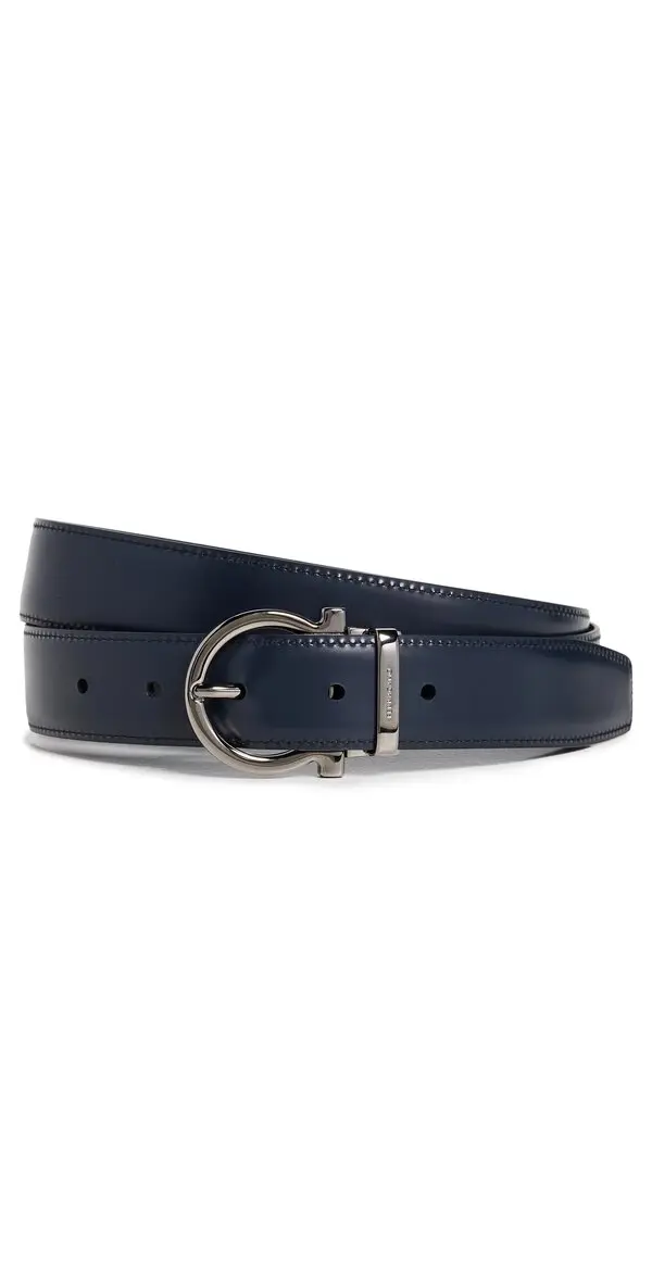 FERRAGAMO Single Gancio Reversible Leather Belt - Nero/blue Marine