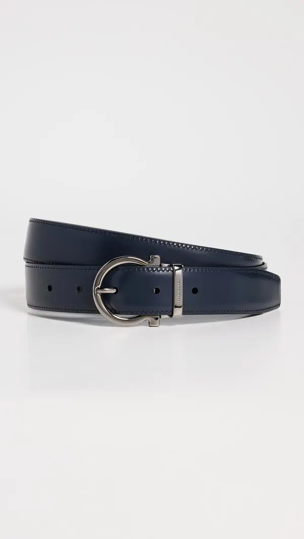 FERRAGAMO Single Gancio Reversible Leather Belt - Nero/blue Marine