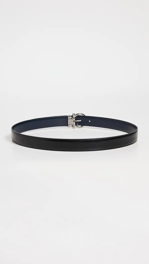 FERRAGAMO Single Gancio Reversible Leather Belt - Nero/blue Marine