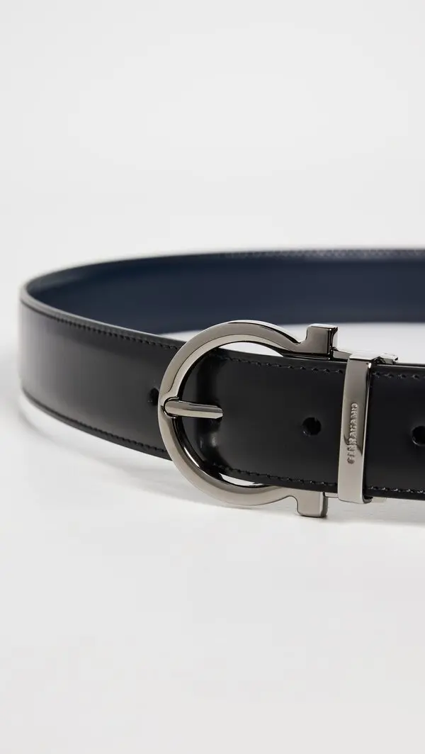 FERRAGAMO Single Gancio Reversible Leather Belt - Nero/blue Marine