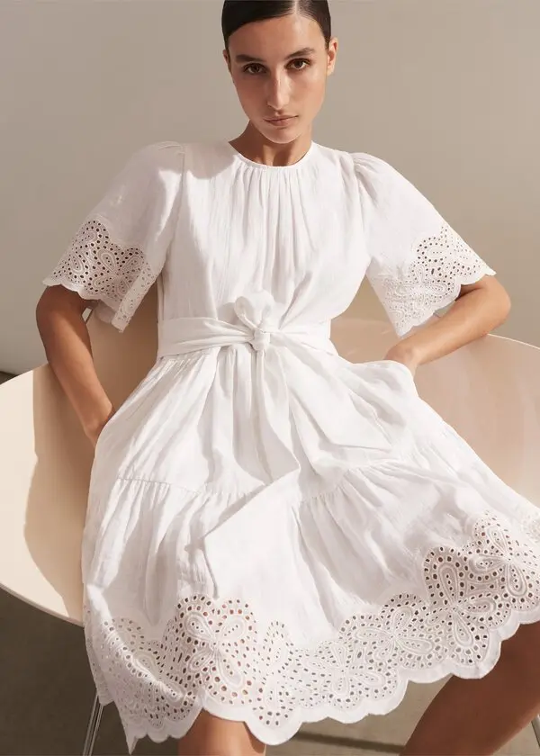 Me+Em Cheesecloth Broderie Short Swing Dress + Belt In Soft White - 30% Off  | Editorialist