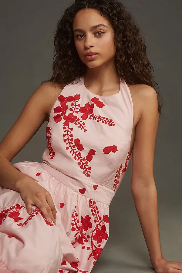 Let Me Be Halter Floral Embroidered Maxi Dres In Pink - 50% Off |  Editorialist